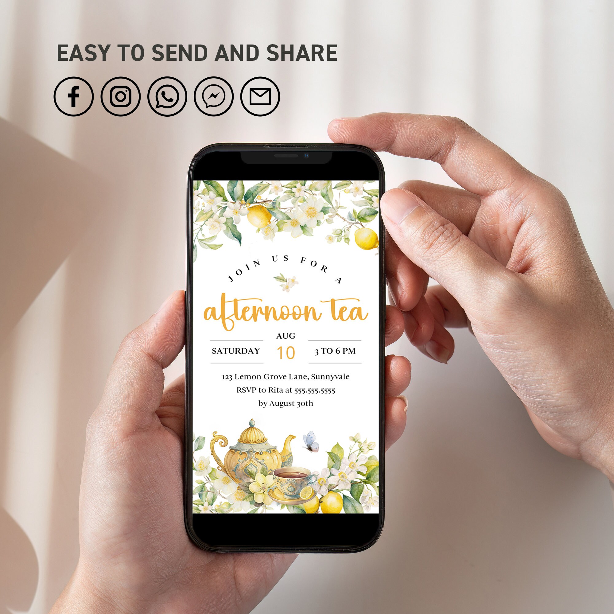 Editable Summer Lemon Tea Party Invitation & Evite, Digital Afternoon ...