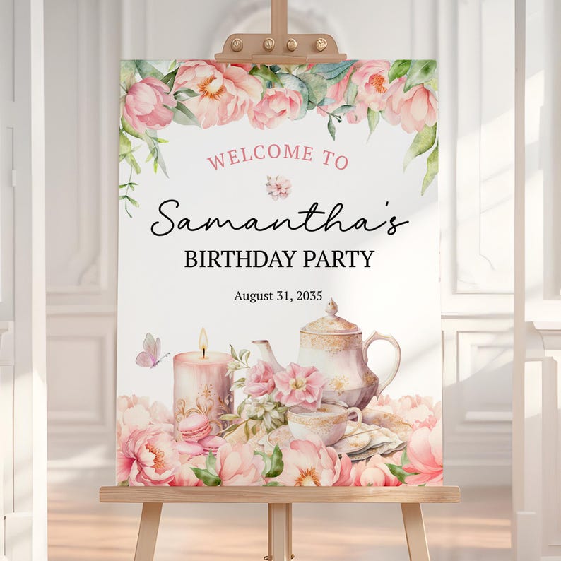 Editable Pink Floral Birthday Tea Party Welcome Sign, DIY Afternoon ...