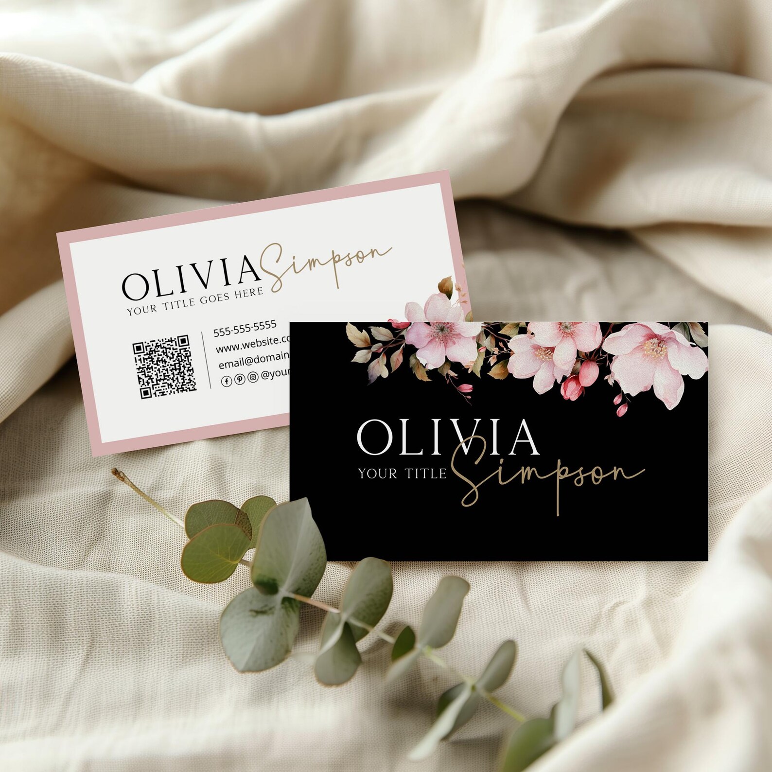 Watercolor Floral Business Card With QR Code for Beauty Salon & Small Business, Pink Flower ...