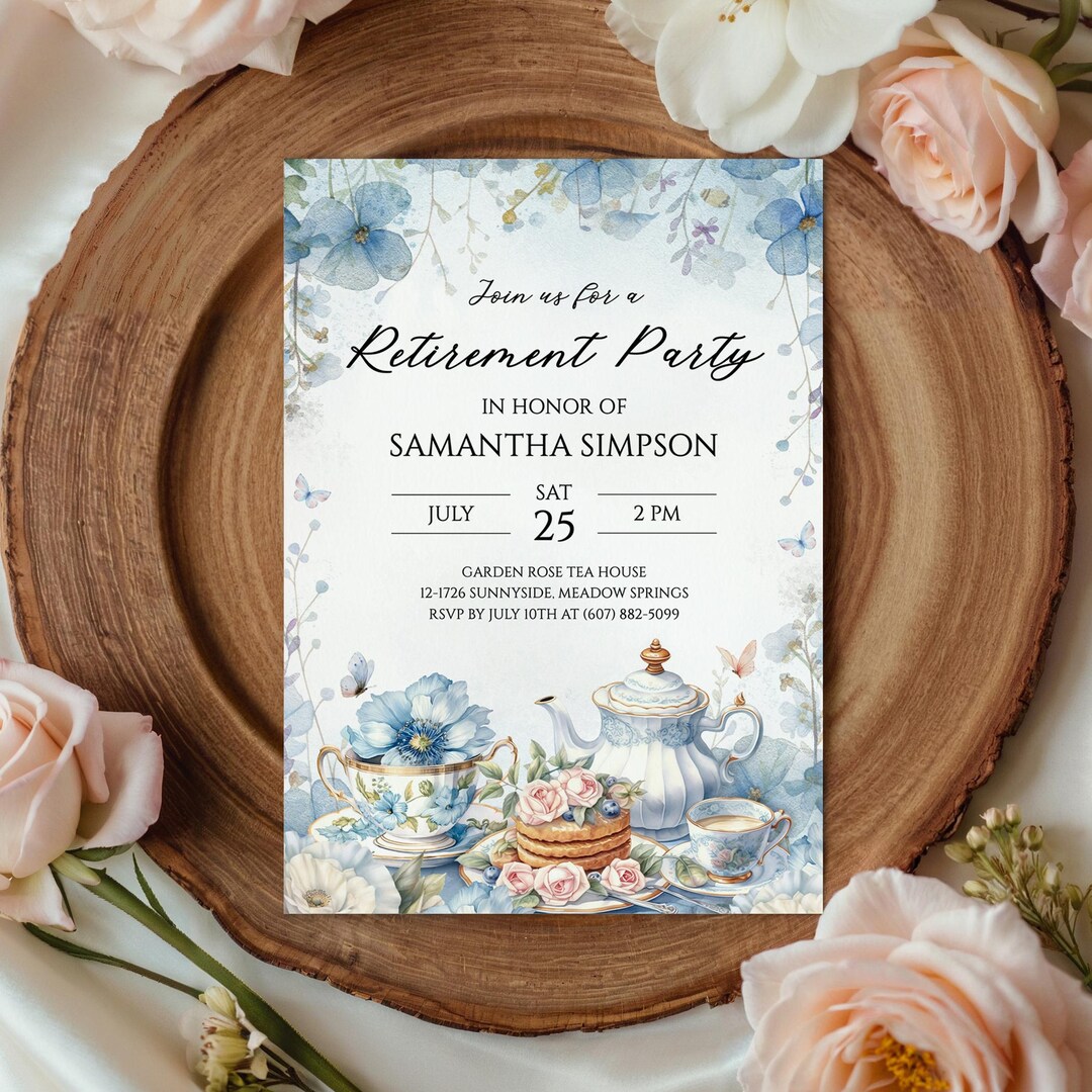 Blue Floral Retirement Party Invitation, Office Farewell Party Invite ...