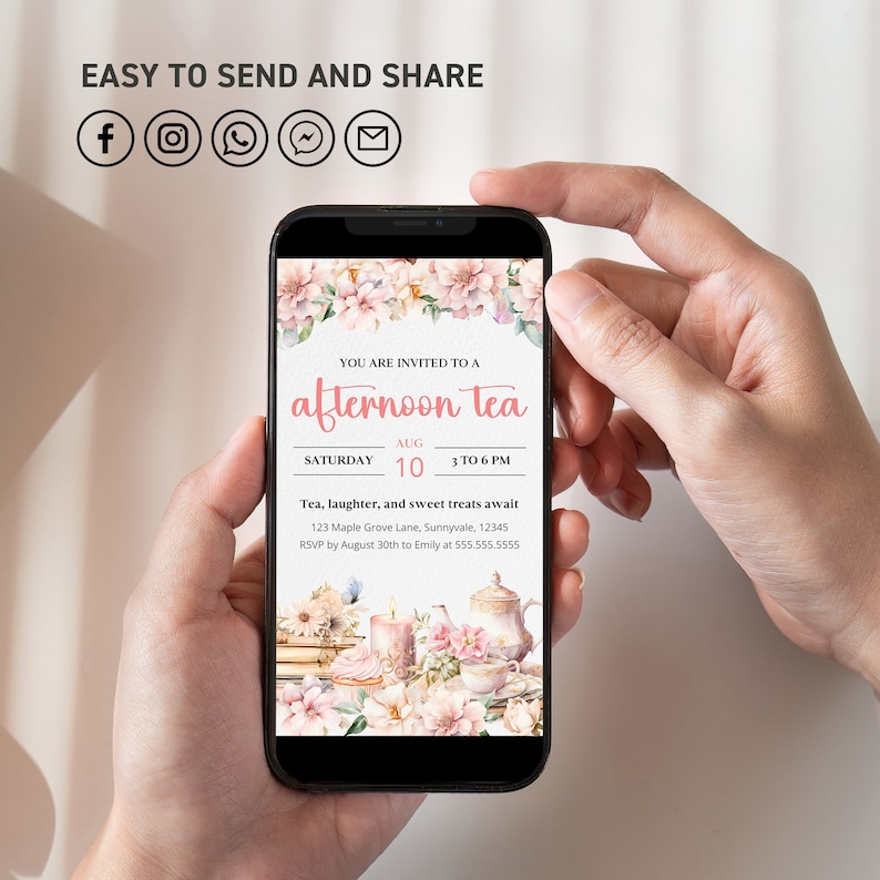 Editable Pink Floral High Tea Party Invitation & Evite, Digital ...
