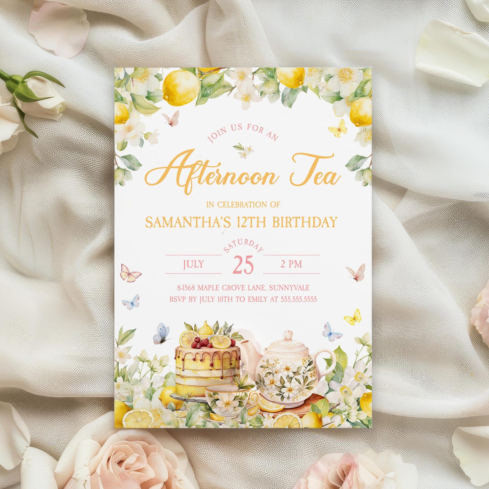 Lemon Birthday Invitation, Floral Citrus Tea Party Brunch Invite, Girl ...