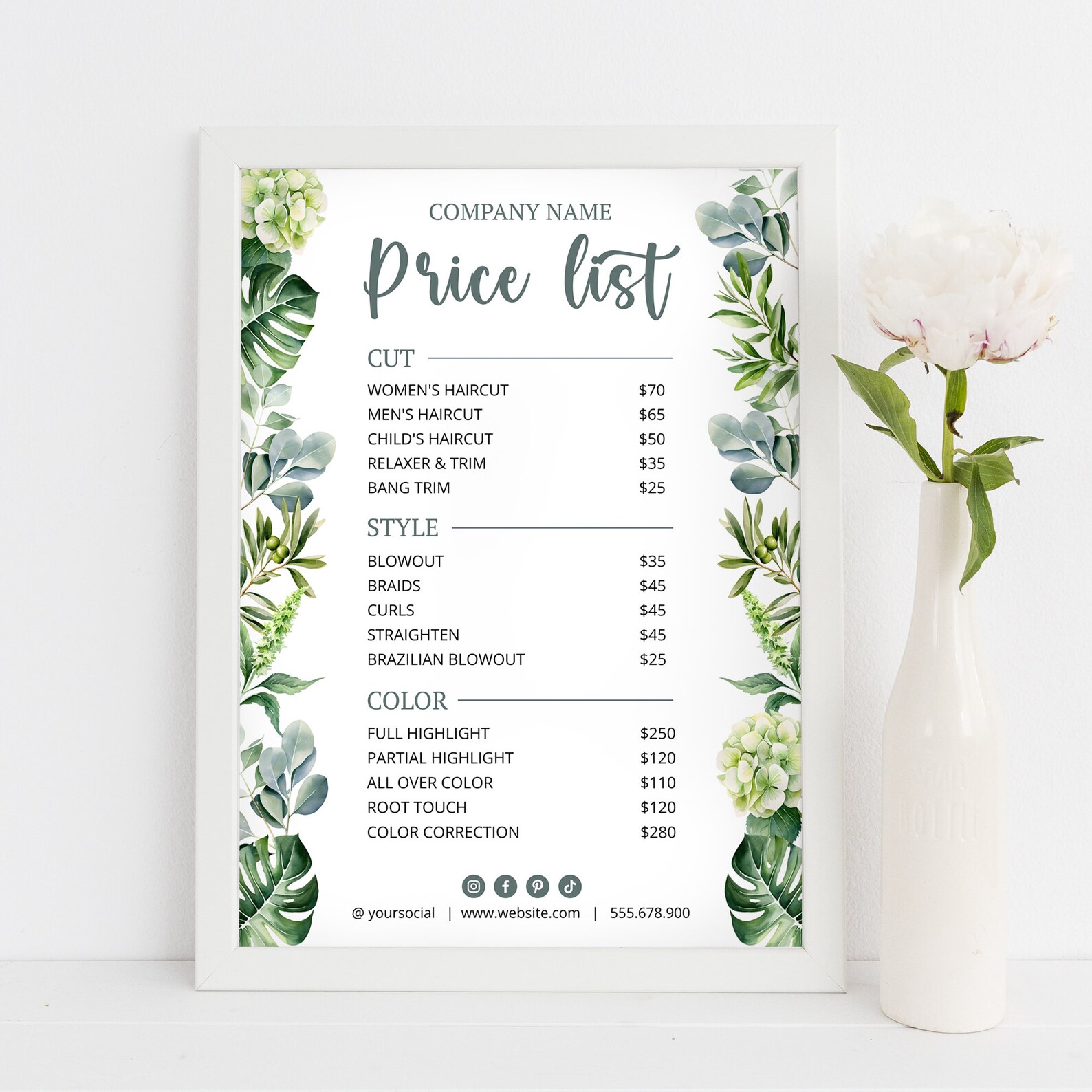 Floral Price List Template Editable Beauty Salon Pricelist & Printable ...
