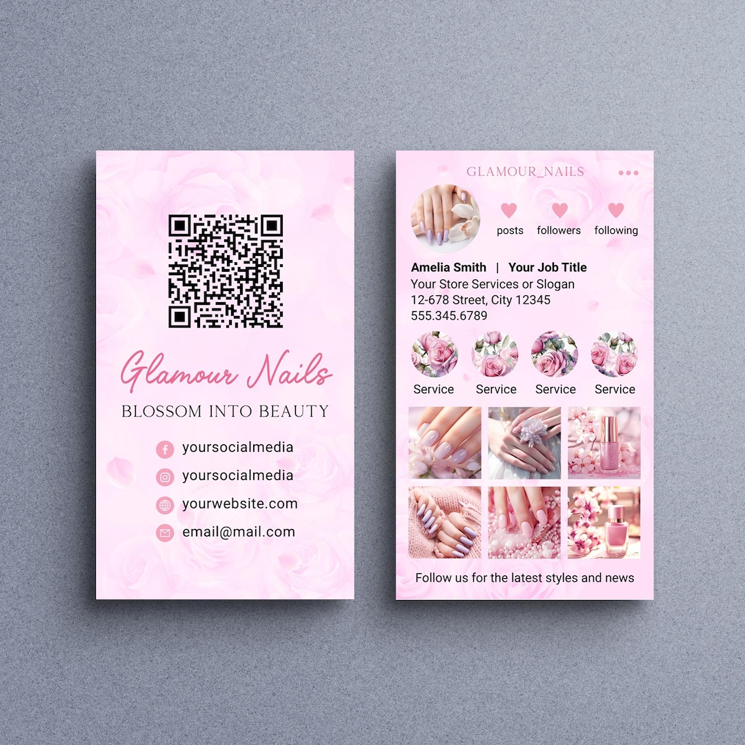 Editable Pink Instagram Nail Business Card With QR Code, Digital Rose ...