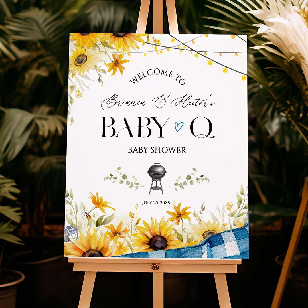 Baby Q Welcome Sign, Blue Gingham BBQ Baby Shower Poster, Sunflower ...