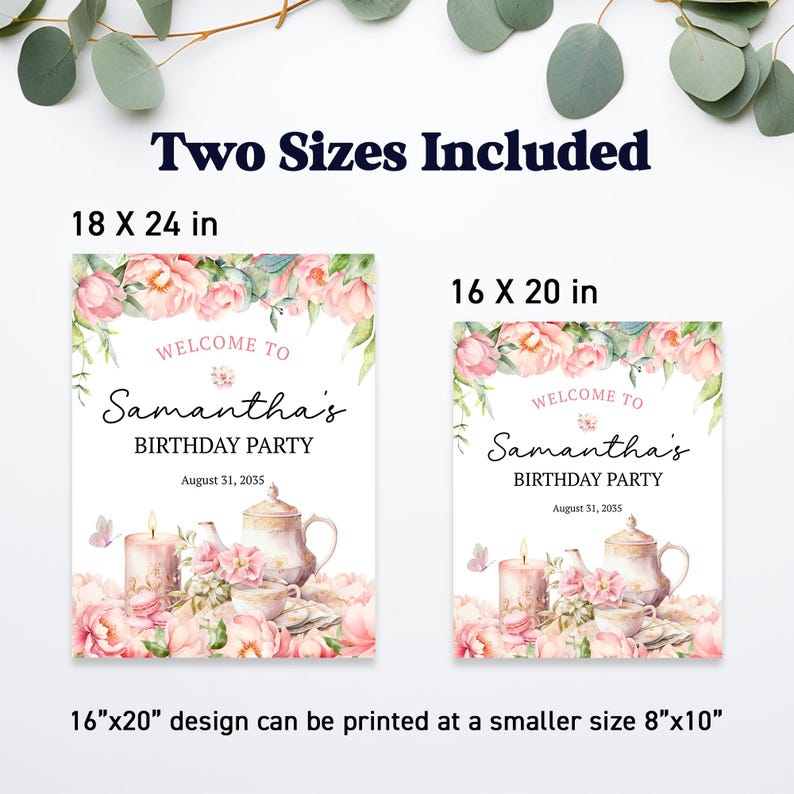 Editable Pink Floral Birthday Tea Party Welcome Sign, DIY Afternoon ...