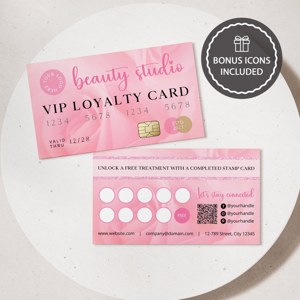Pink Rose Beauty Salon Loyalty Card Template: Editable Rewards (digital ...
