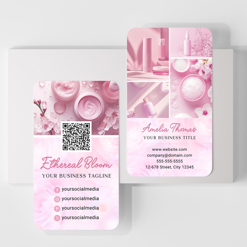 Editable Pink Rose Flower QR Code Business Card Template for Beauty ...