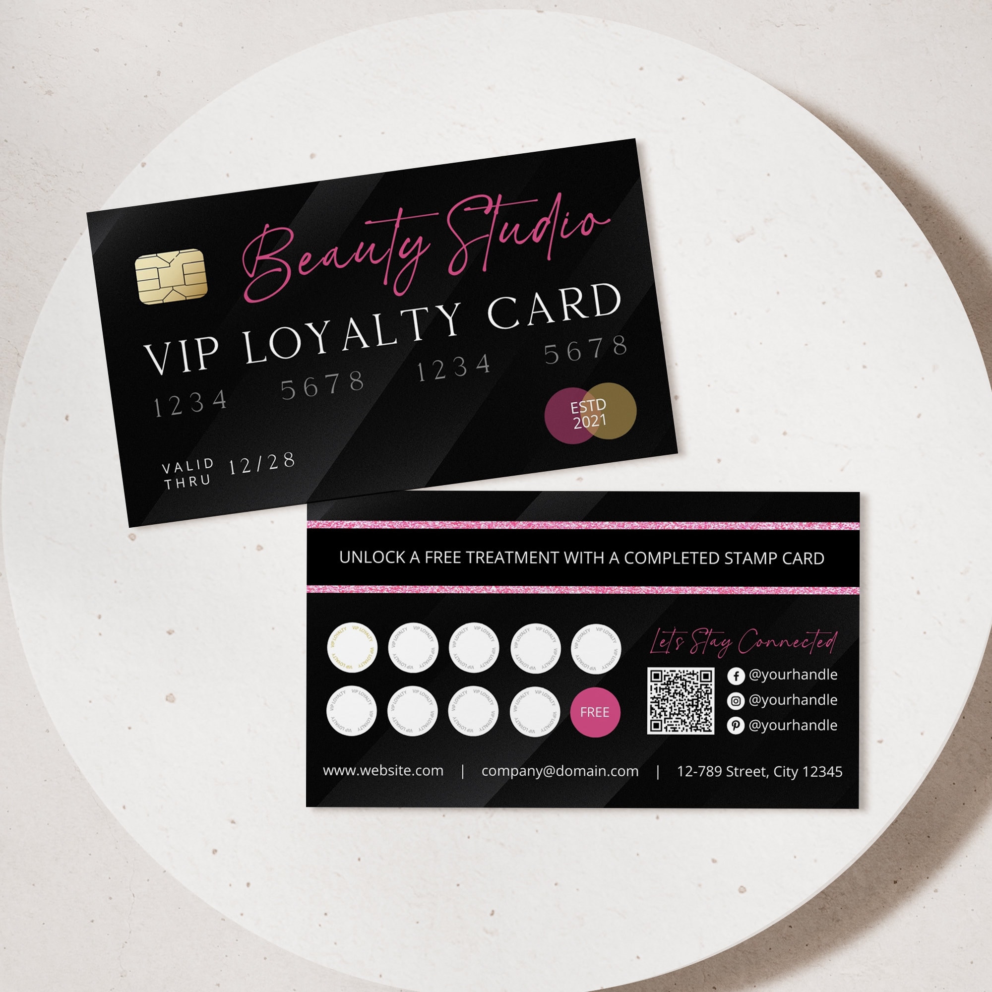 Black & Pink Loyalty Card Stamp Template, Editable VIP Rewards Card ...