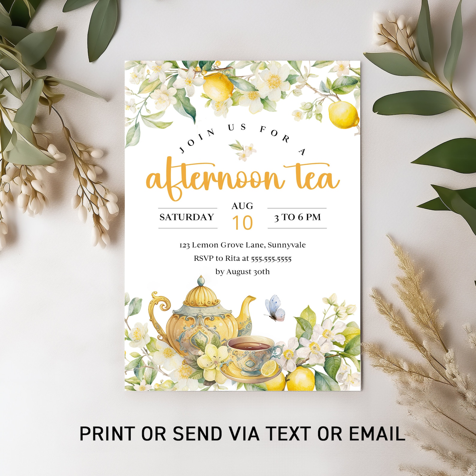 Editable Summer Lemon Tea Party Invitation & Evite, Digital Afternoon ...