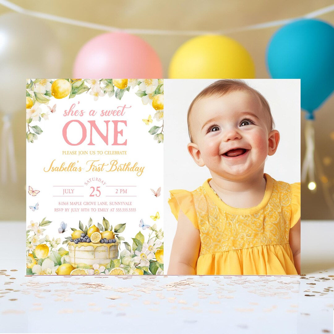 Lemon First Birthday Invitation With Photo, Sweet One Invite, Citrus ...