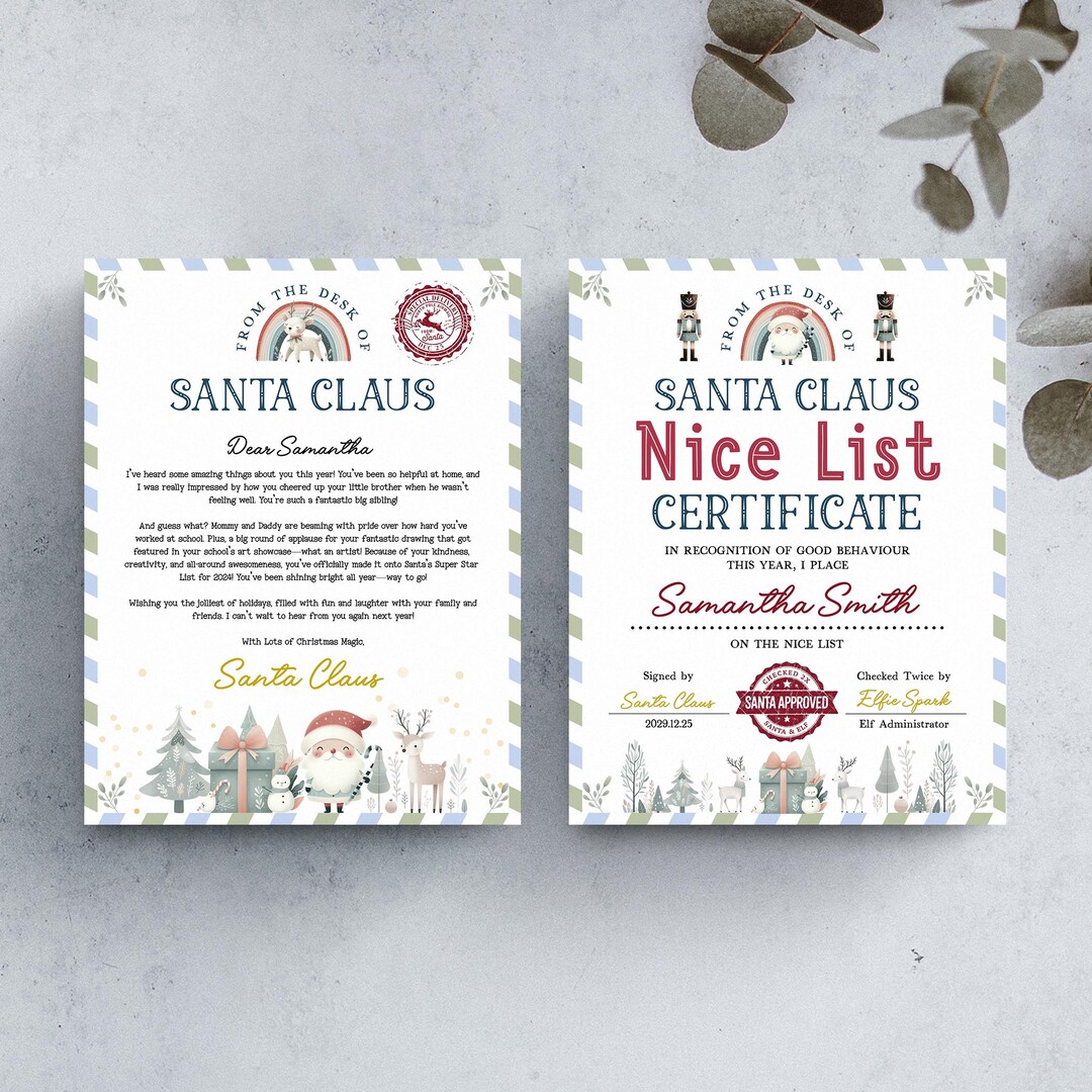 Editable Bundle Christmas Santa Letter & Cute Nice List Certificate ...