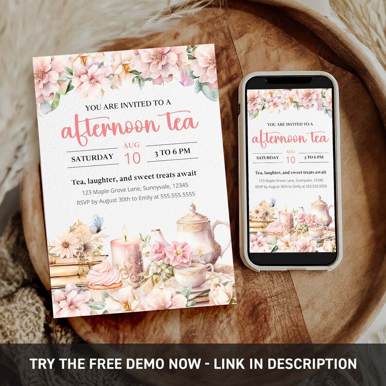 Editable Pink Floral High Tea Party Invitation & Evite, Digital ...