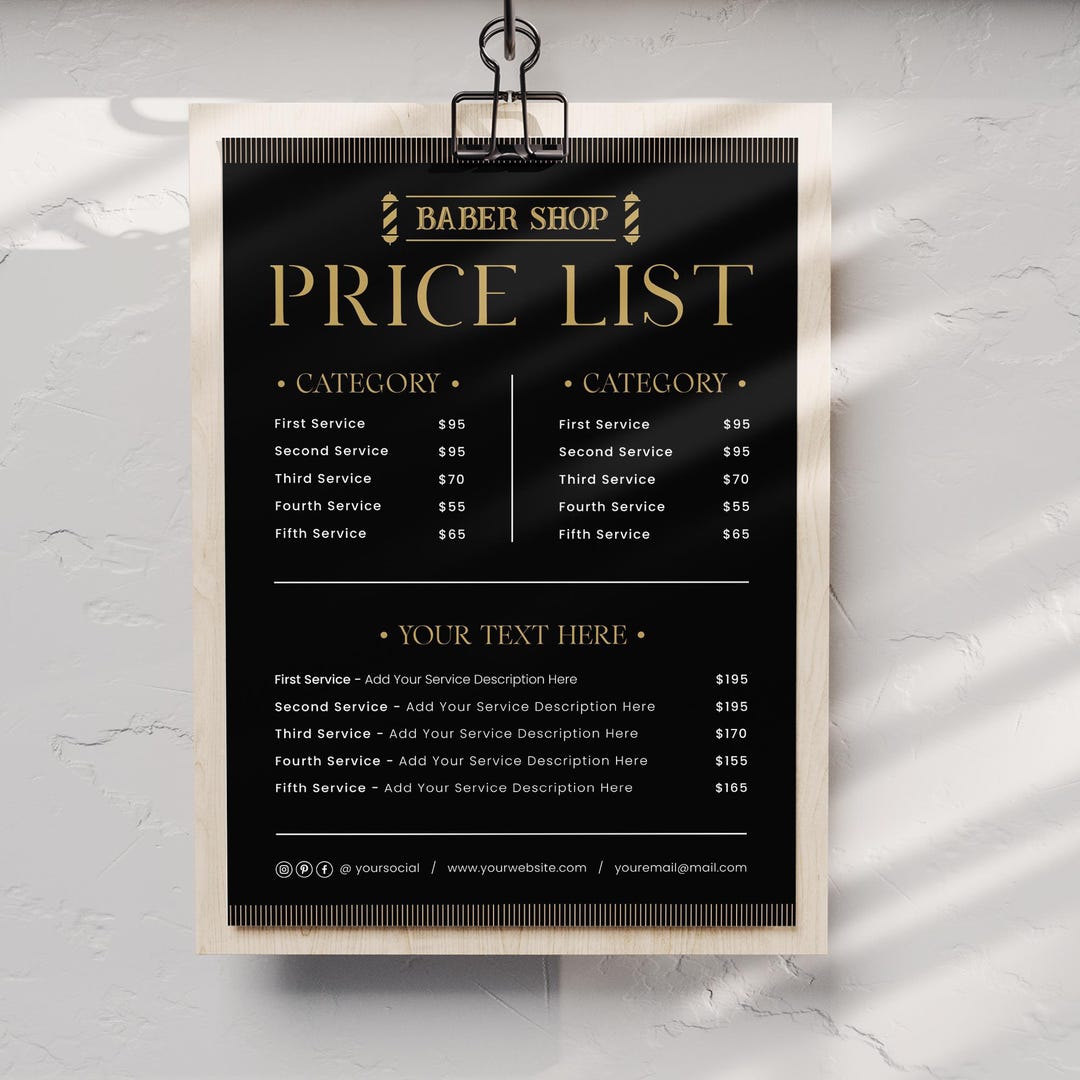 Editable Modern Barbershop Pricelist Template, Barber Shop Black Price ...