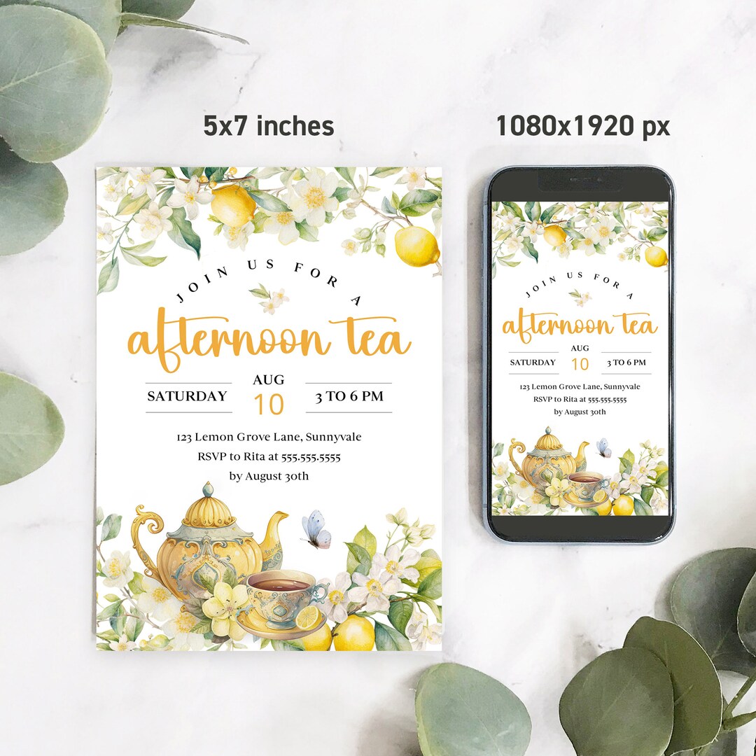 Editable Summer Lemon Tea Party Invitation & Evite, Digital Afternoon ...
