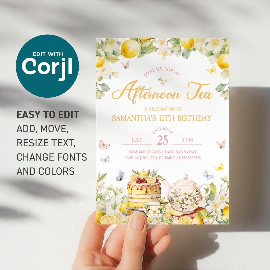 Lemon Birthday Invitation, Floral Citrus Tea Party Brunch Invite, Girl ...