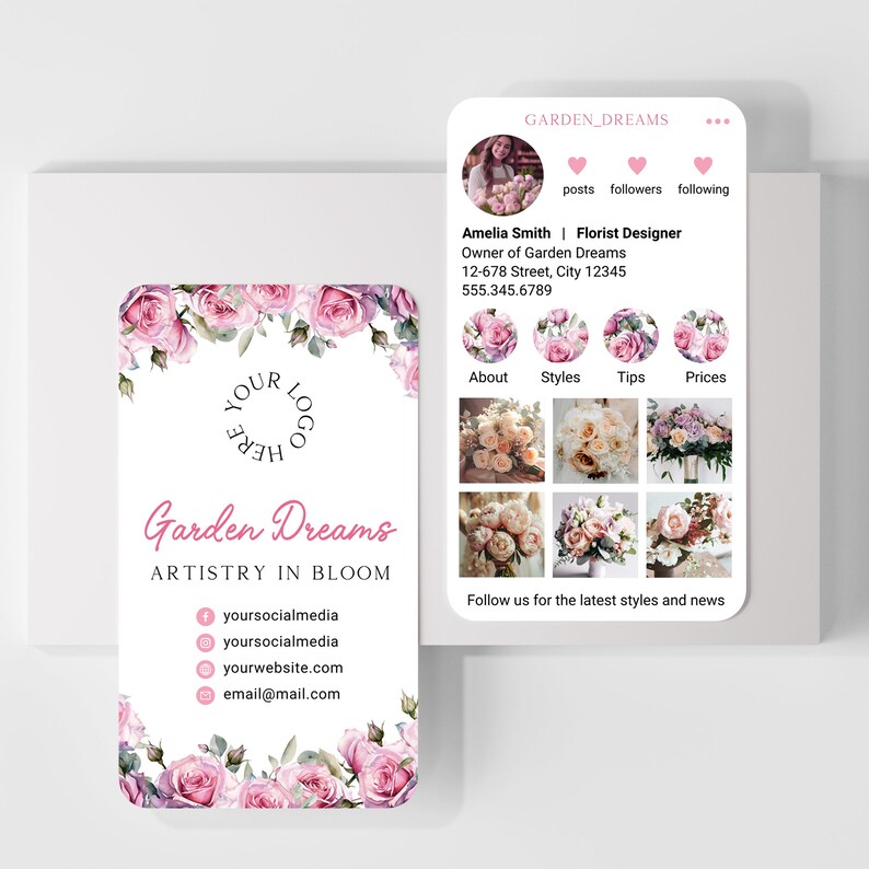 Instagram Pink Rose Floral Business Card for Florist, Watercolor Flower ...