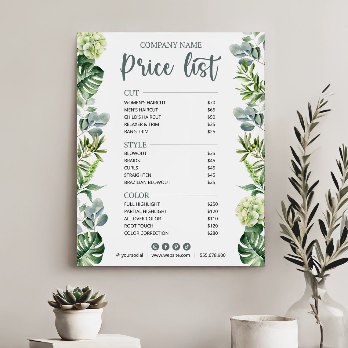 Floral Price List Template Editable Beauty Salon Pricelist & Printable ...