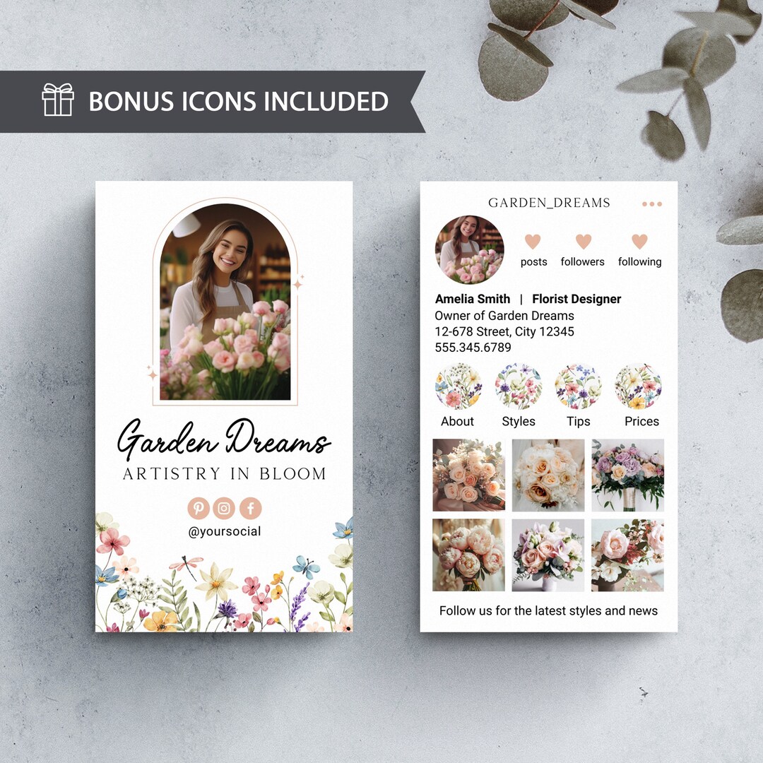 Instagram Floral Business Card With QR Code for Florist, Flower ...