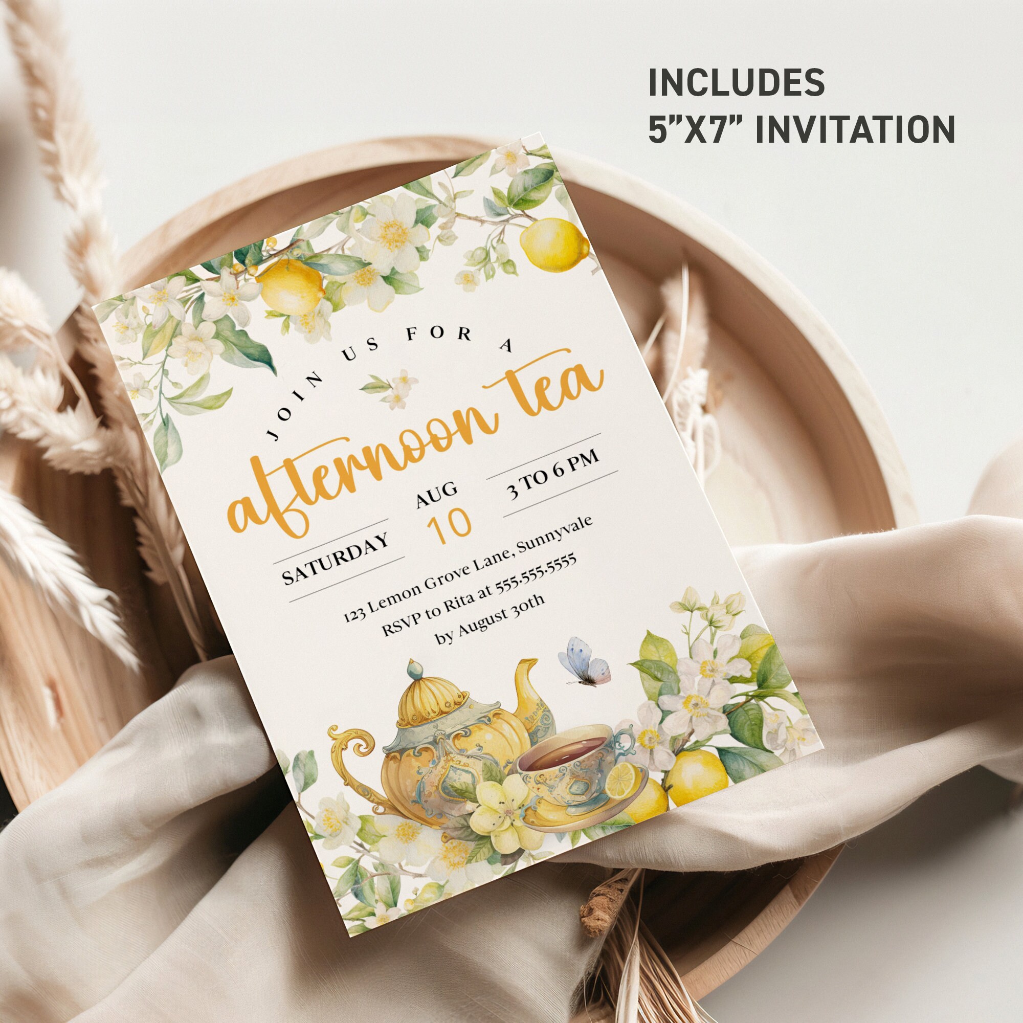 Editable Summer Lemon Tea Party Invitation & Evite, Digital Afternoon ...