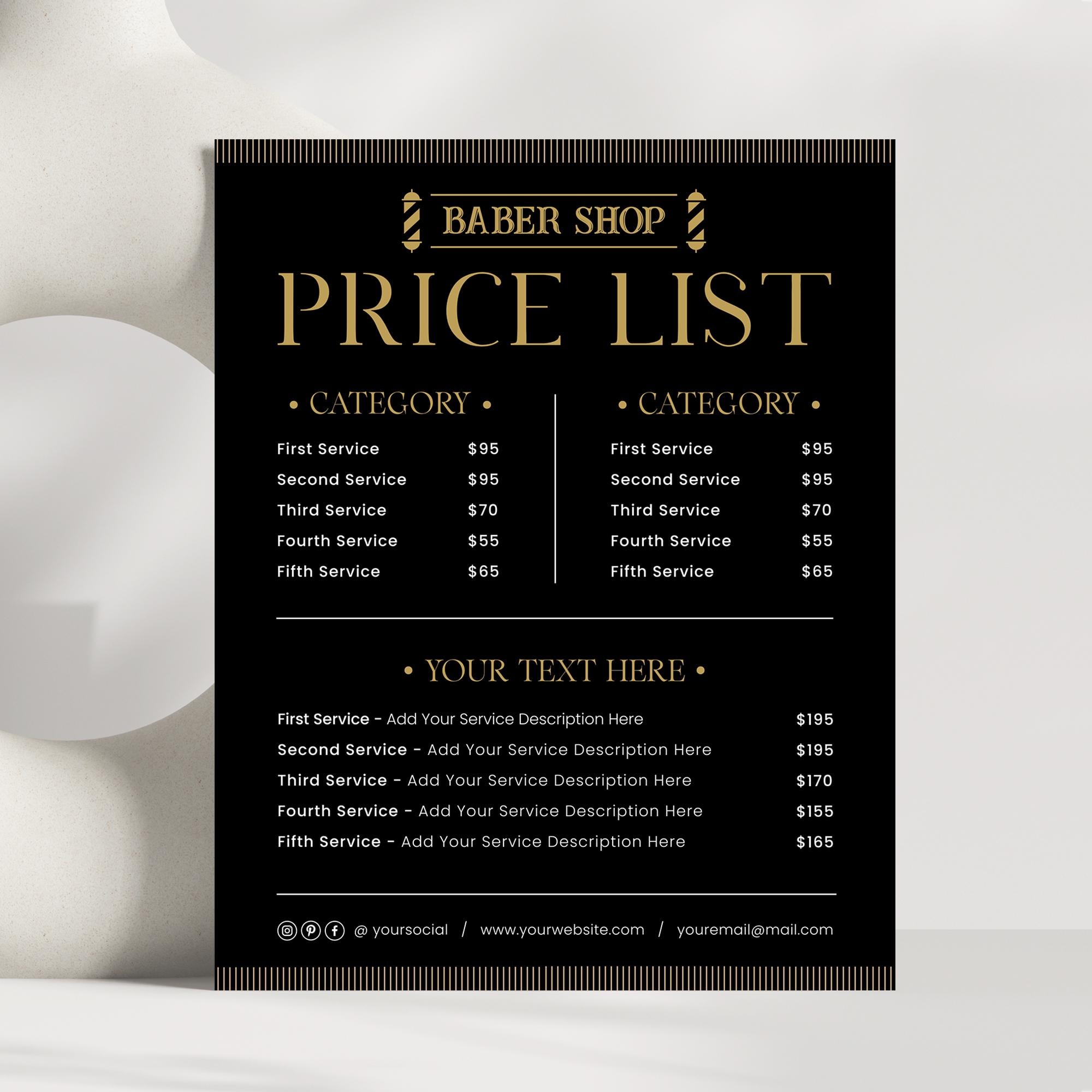 Editable Modern Barbershop Pricelist Template, Barber Shop Black Price ...