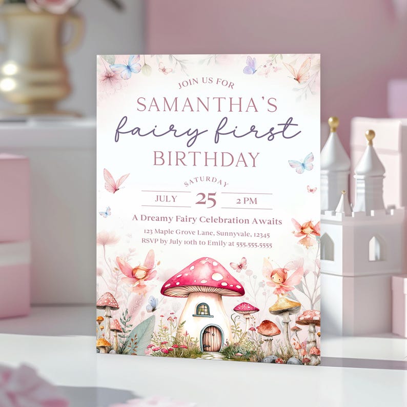 Editable Pink Fairy First Birthday Invitation Template, DIY Enchanted ...
