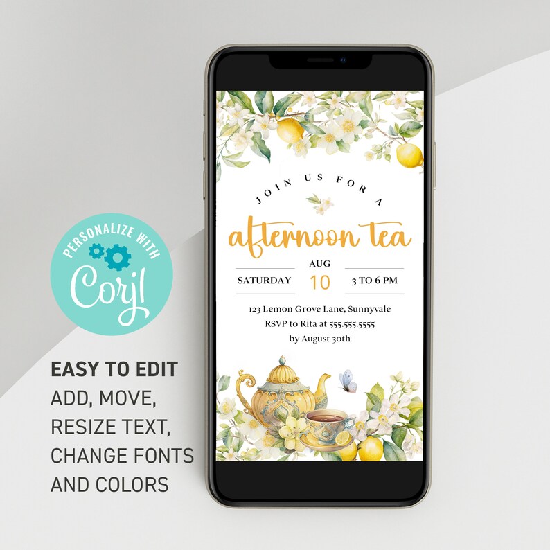 Editable Summer Lemon Tea Party Invitation & Evite, Digital Afternoon ...