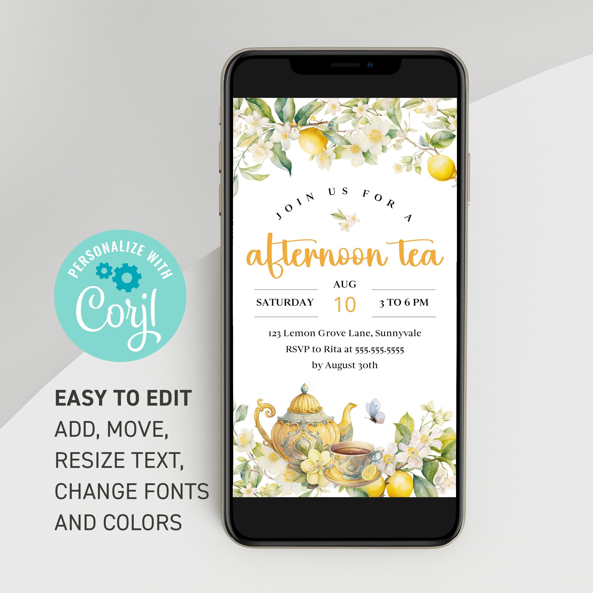 Editable Summer Lemon Tea Party Invitation & Evite, Digital Afternoon ...
