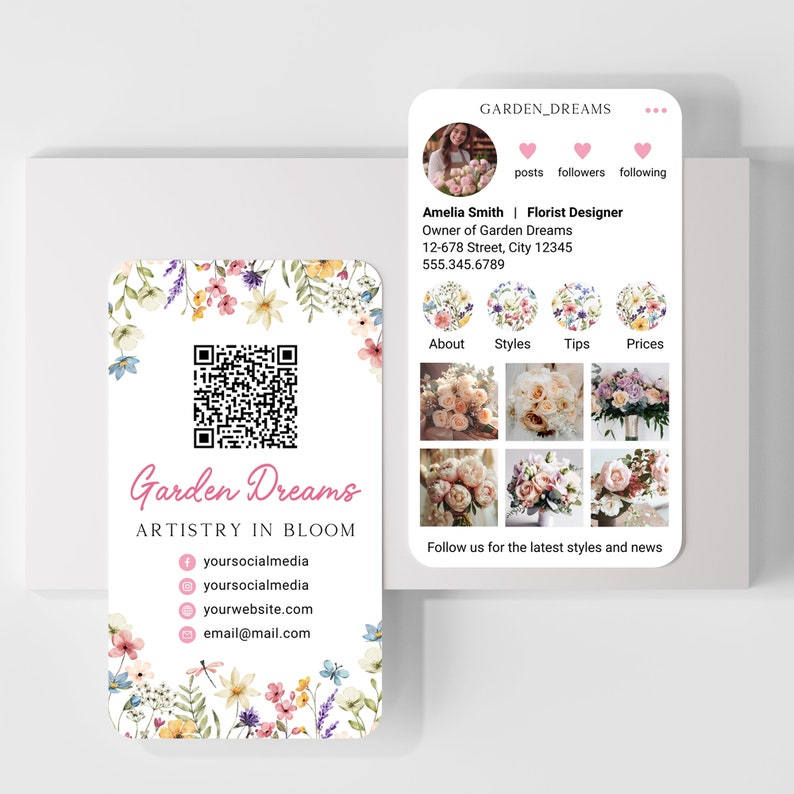 Instagram Floral Business Card With QR Code for Florist, Flower ...