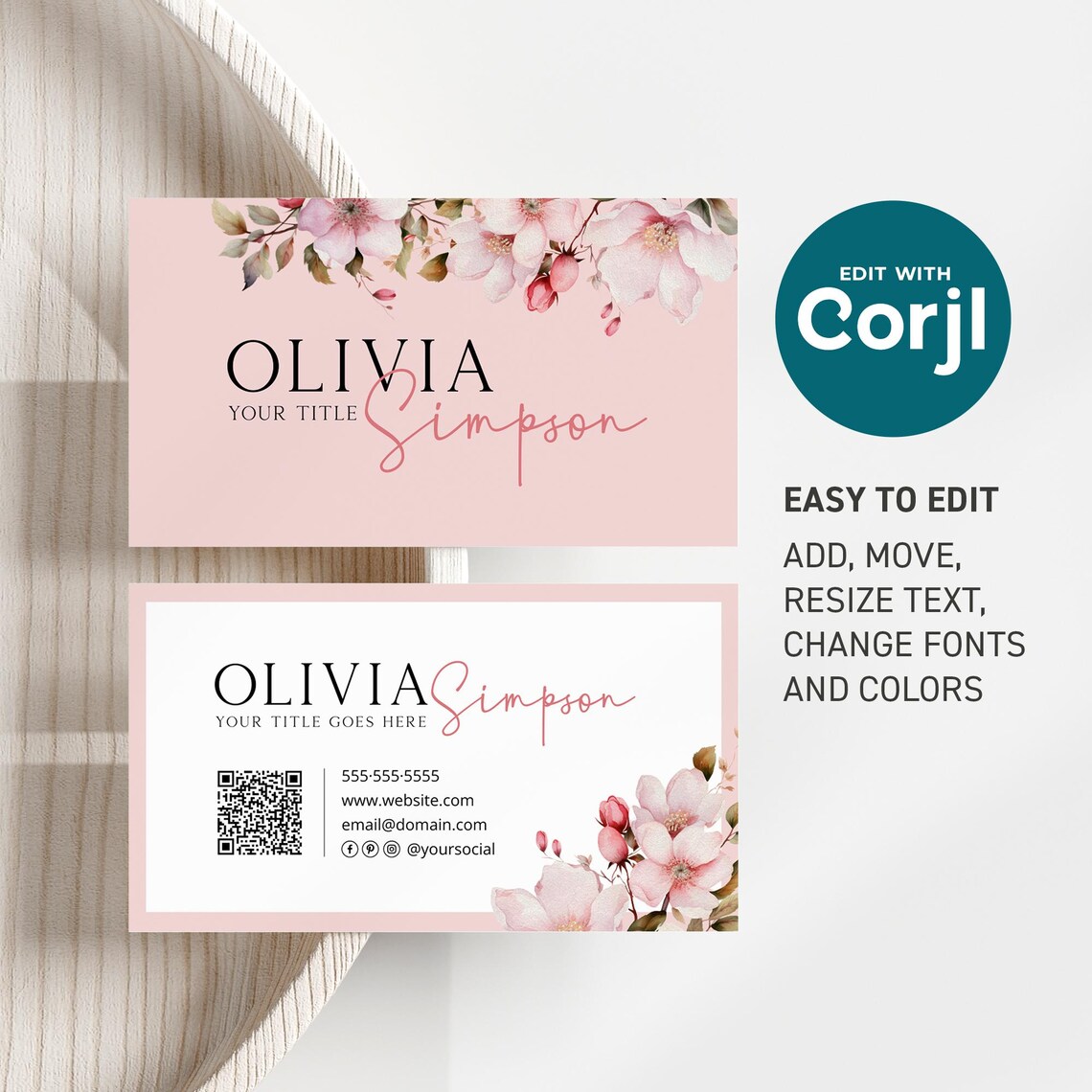 Editable Pink Floral Business Card QR Code for Beauty Salon, DIY ...