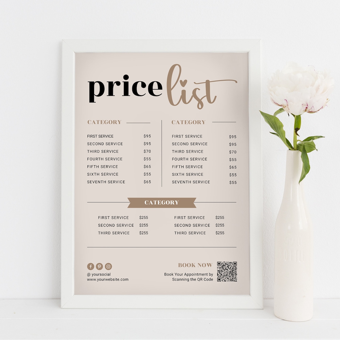 Editable Small Business Price List Template & Modern Price Menu Design, Minimal Salon Pricing ...