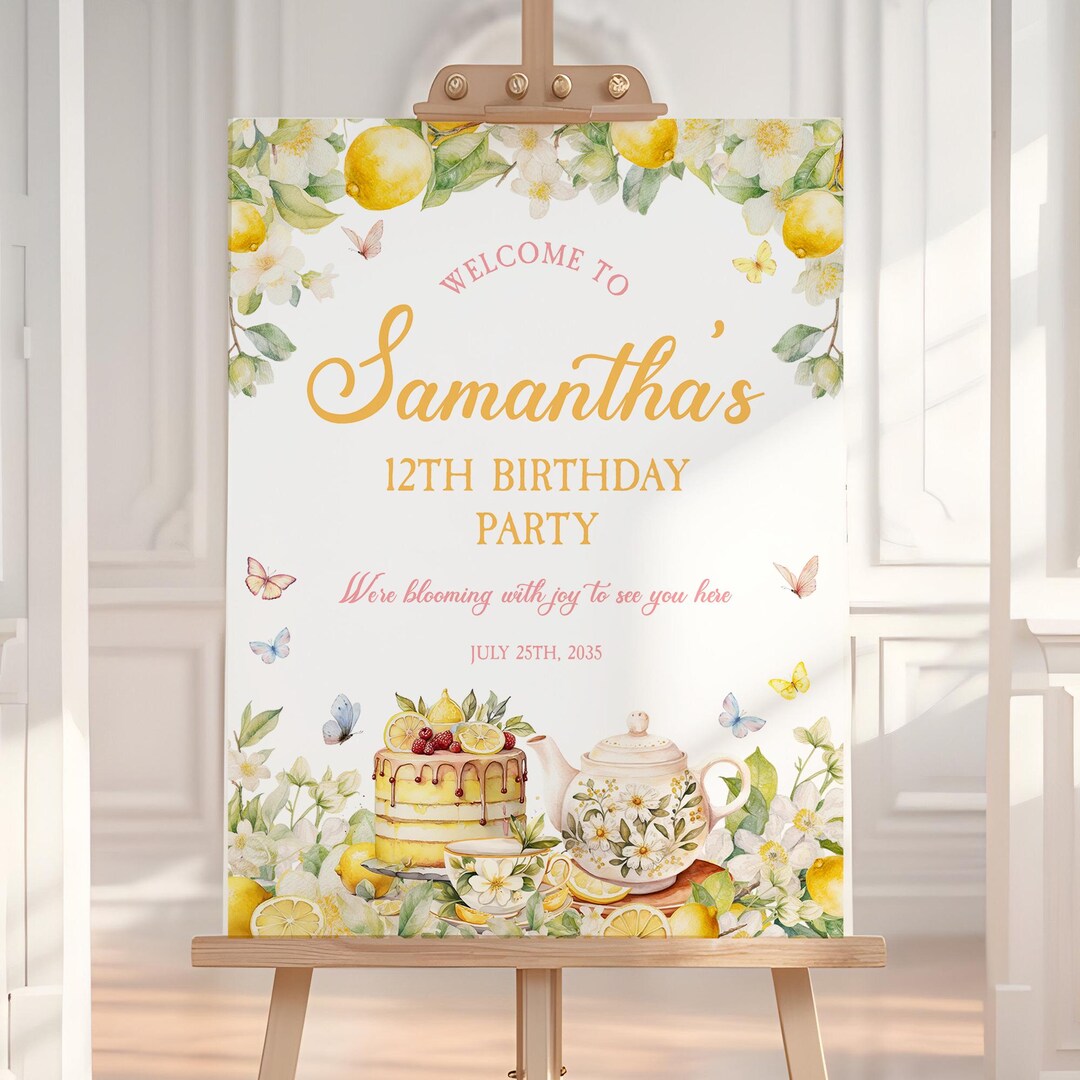 Editable Lemon Floral Afternoon Tea Birthday Welcome Sign, DIY High Tea ...
