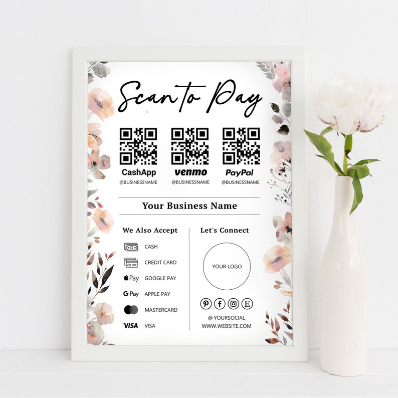 Editable Floral Scan to Pay QR Code Sign Template, DIY Wildflower ...