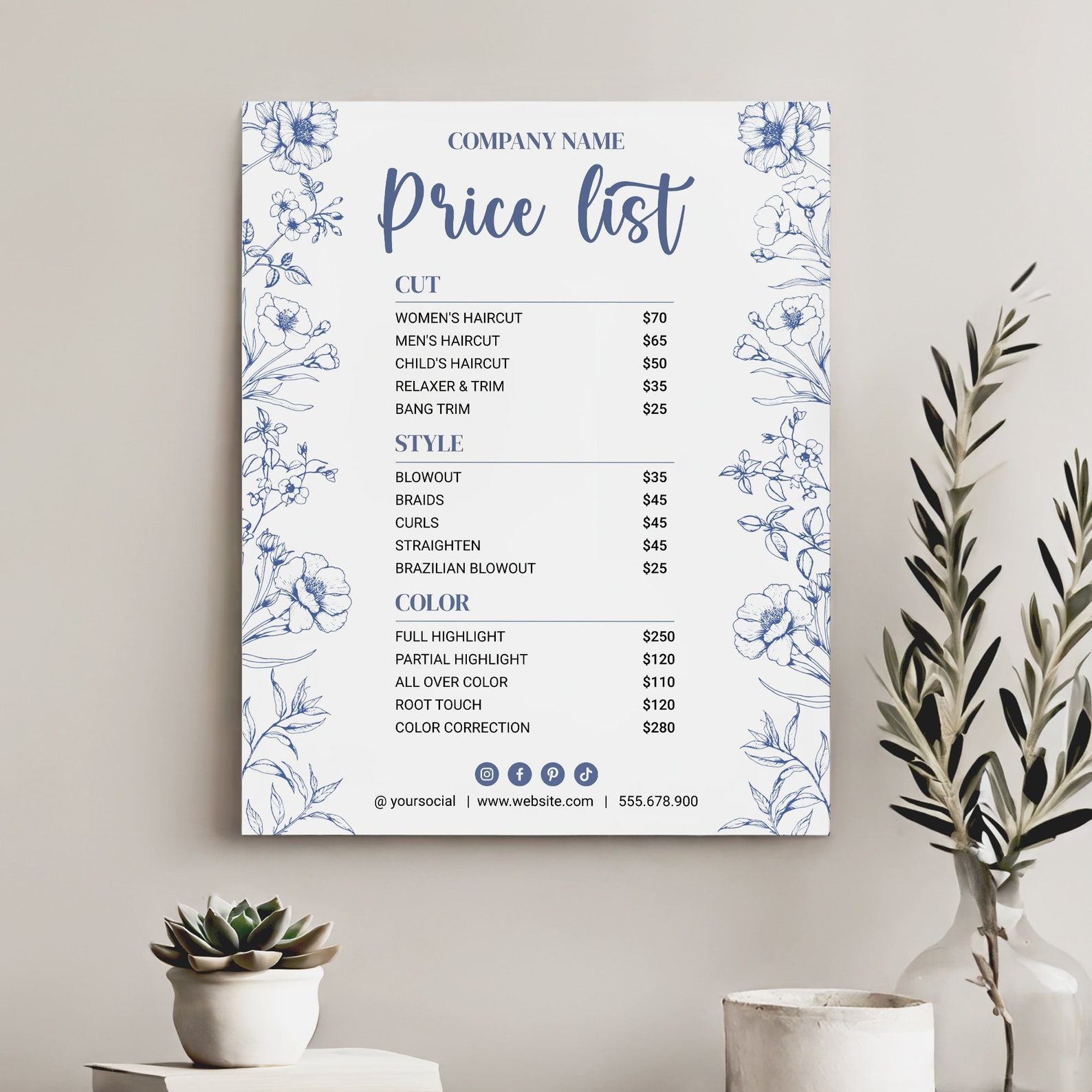 Floral Price List Template Editable Beauty Salon Pricelist & Printable ...