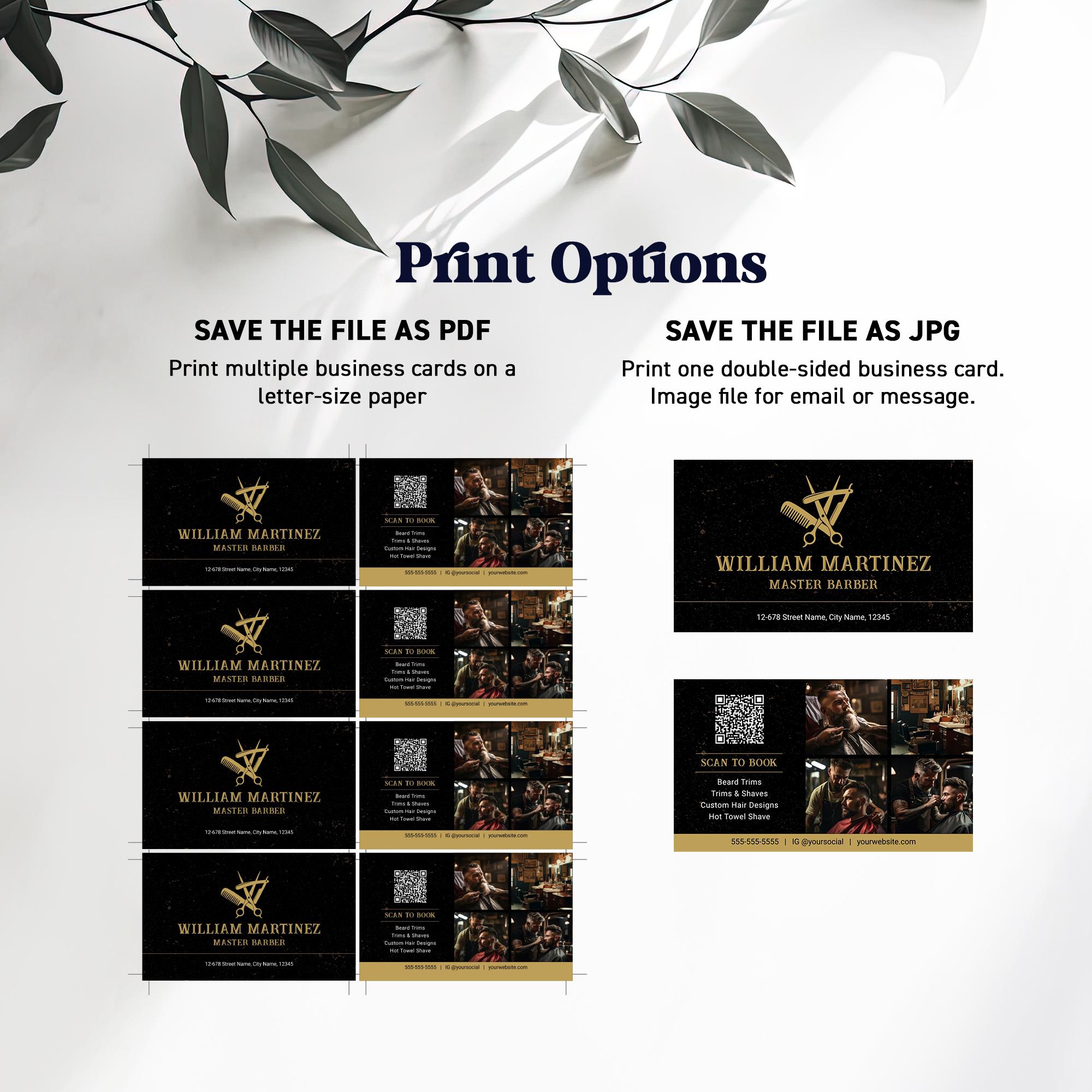 Modern Black Gold Barber Business Card Template, Editable Barbershop QR ...