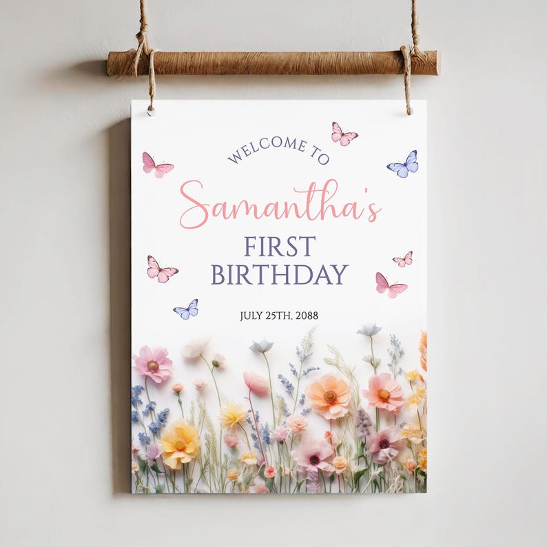 Wildflower 1st Birthday Welcome Sign, Butterfly Welcome Poster, Girl ...