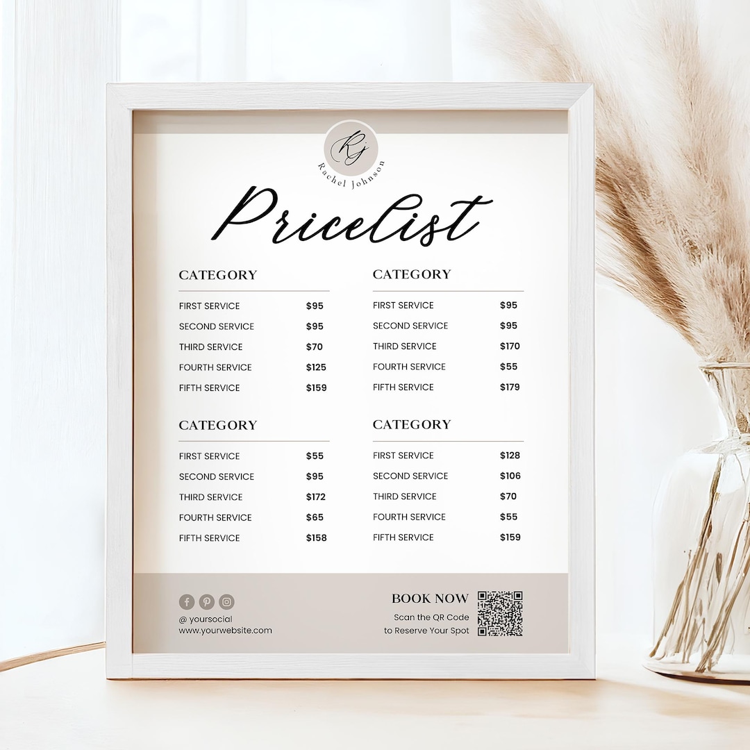 Editable Salon Price List Template: Minimalist Beauty Menu (5x7, 8x10 ...