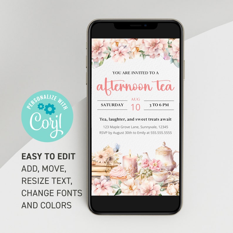 Editable Pink Floral High Tea Party Invitation & Evite, Digital ...