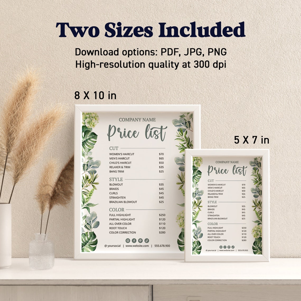 Floral Price List Template Editable Beauty Salon Pricelist & Printable ...