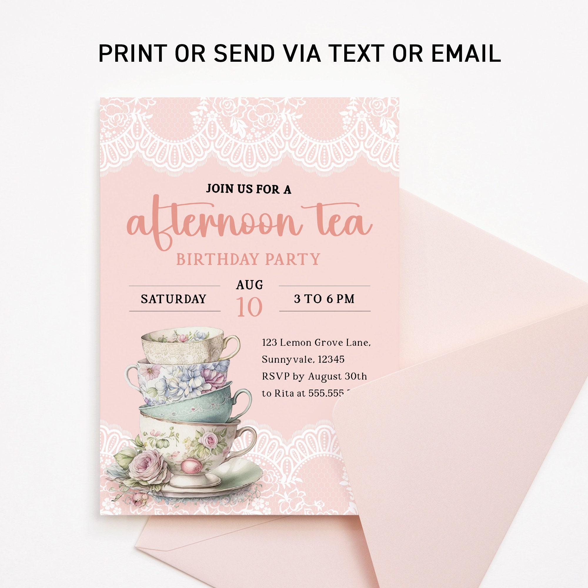 Editable Pink Floral High Tea Party Invitation & Evite, Digital ...