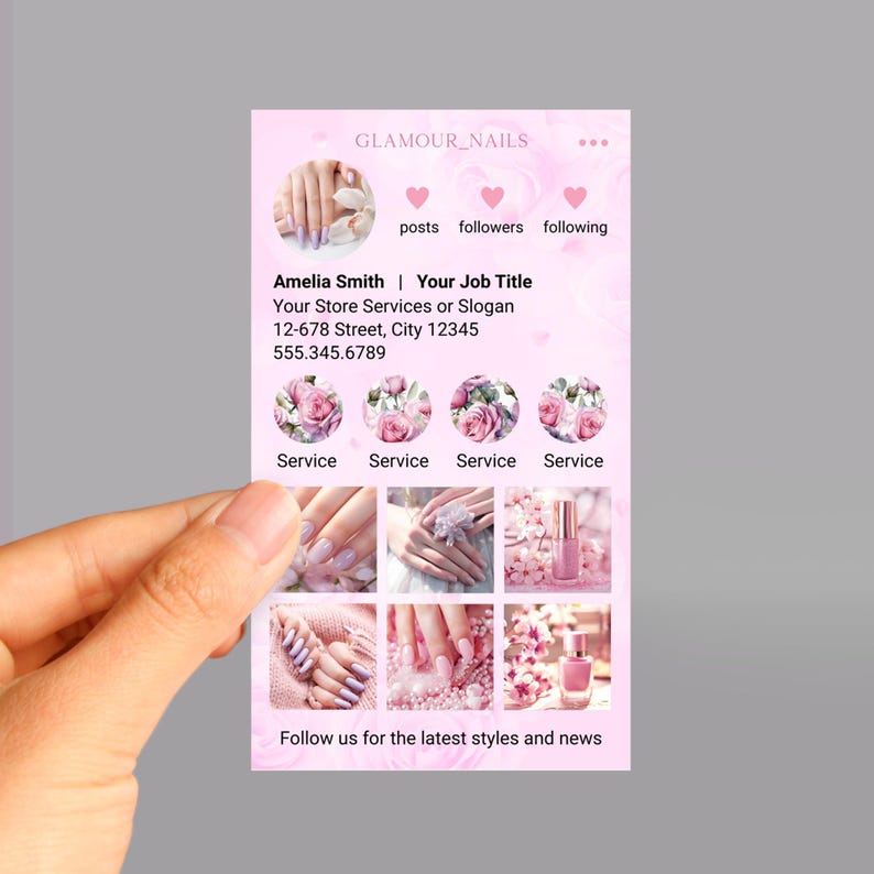 Editable Pink Instagram Nail Business Card With QR Code, Digital Rose ...