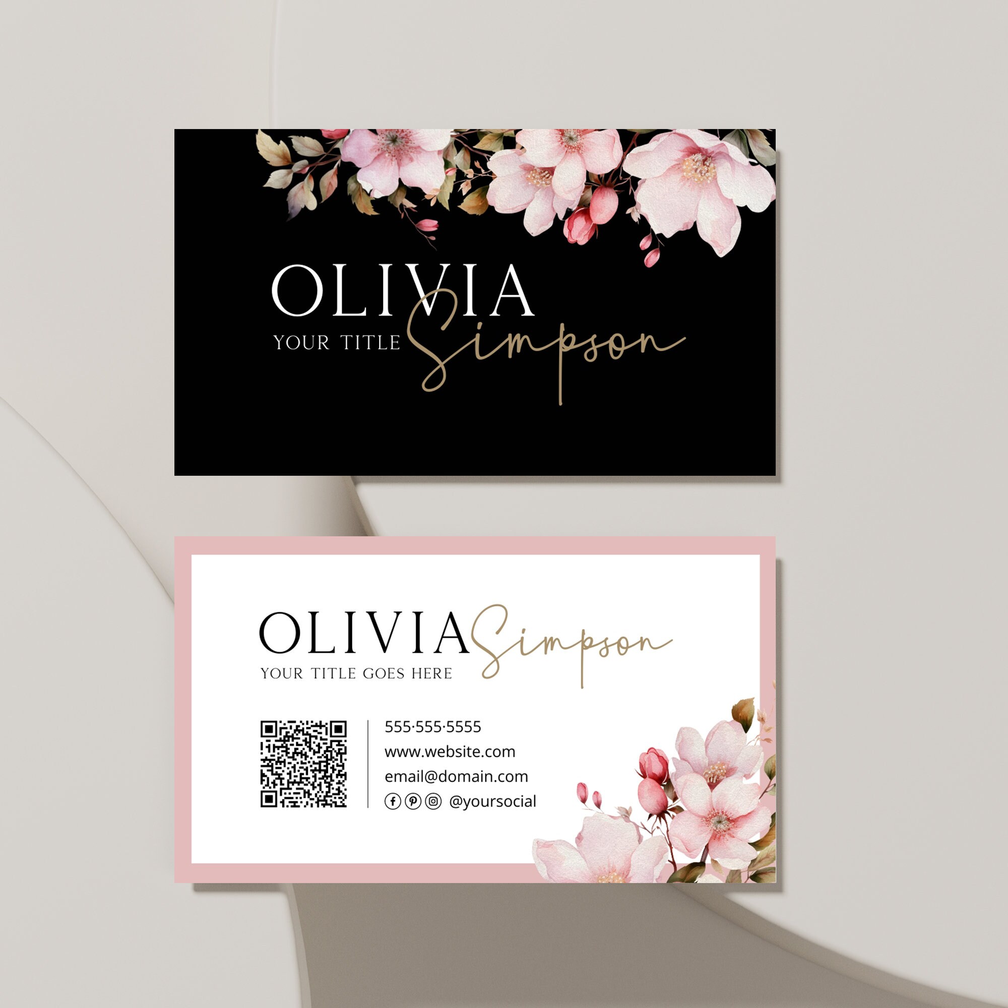 Watercolor Floral Business Card With QR Code for Beauty Salon & Small Business, Pink Flower ...