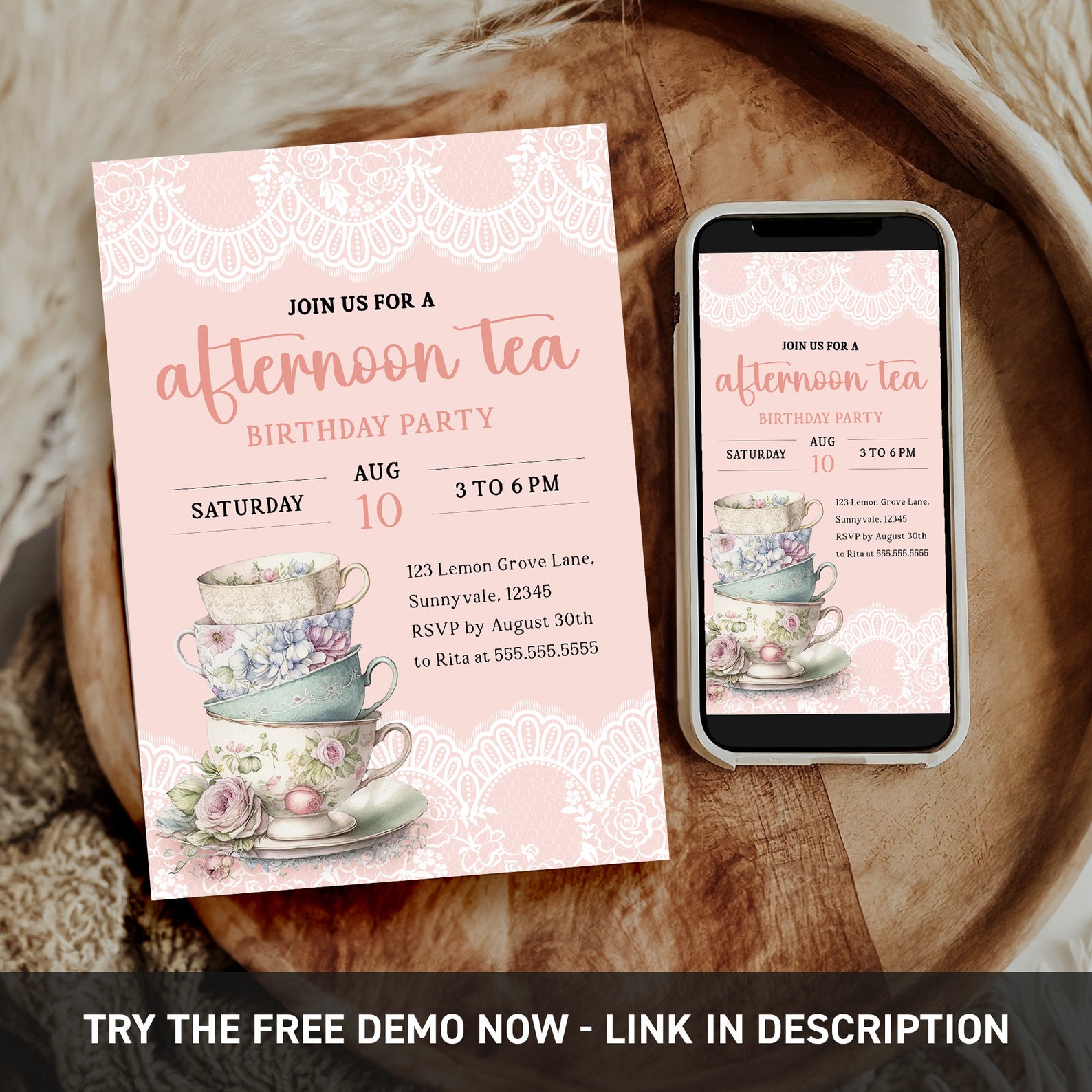 Editable Pink Floral High Tea Party Invitation & Evite, Digital ...