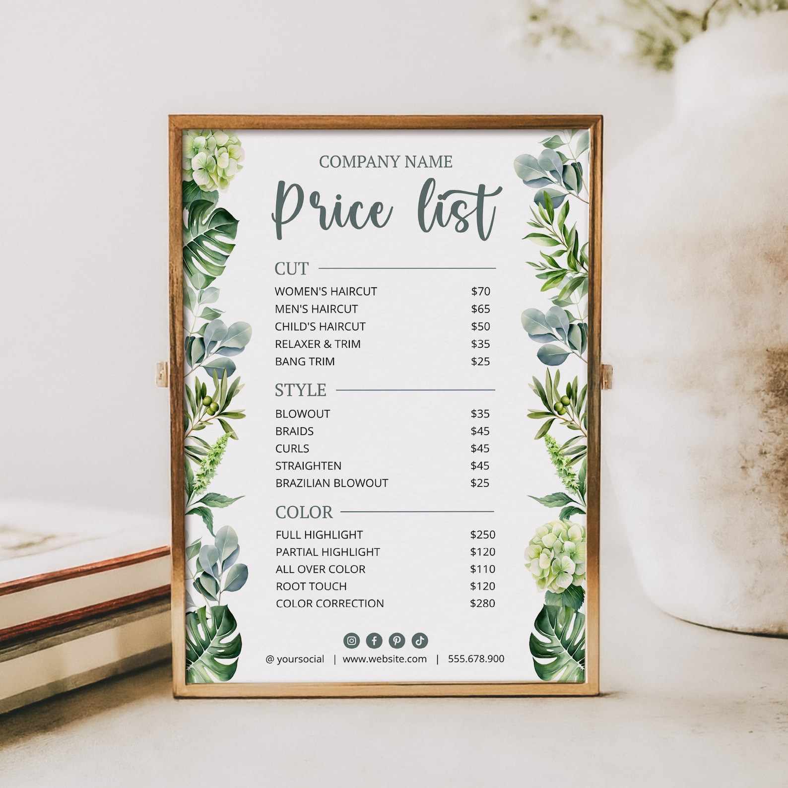 Floral Price List Template Editable Beauty Salon Pricelist & Printable ...