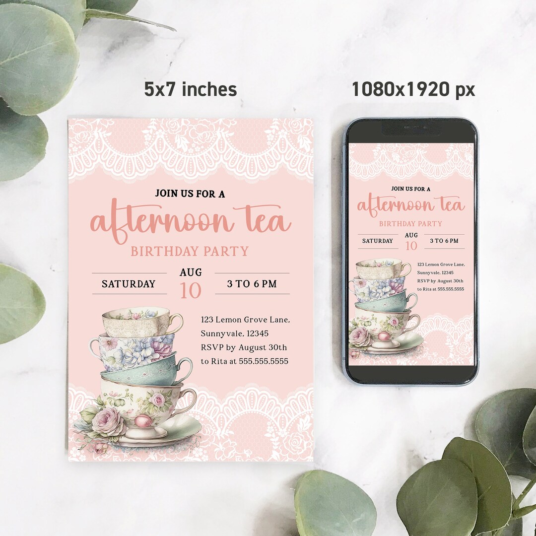 Editable Pink Floral High Tea Party Invitation & Evite, Digital ...