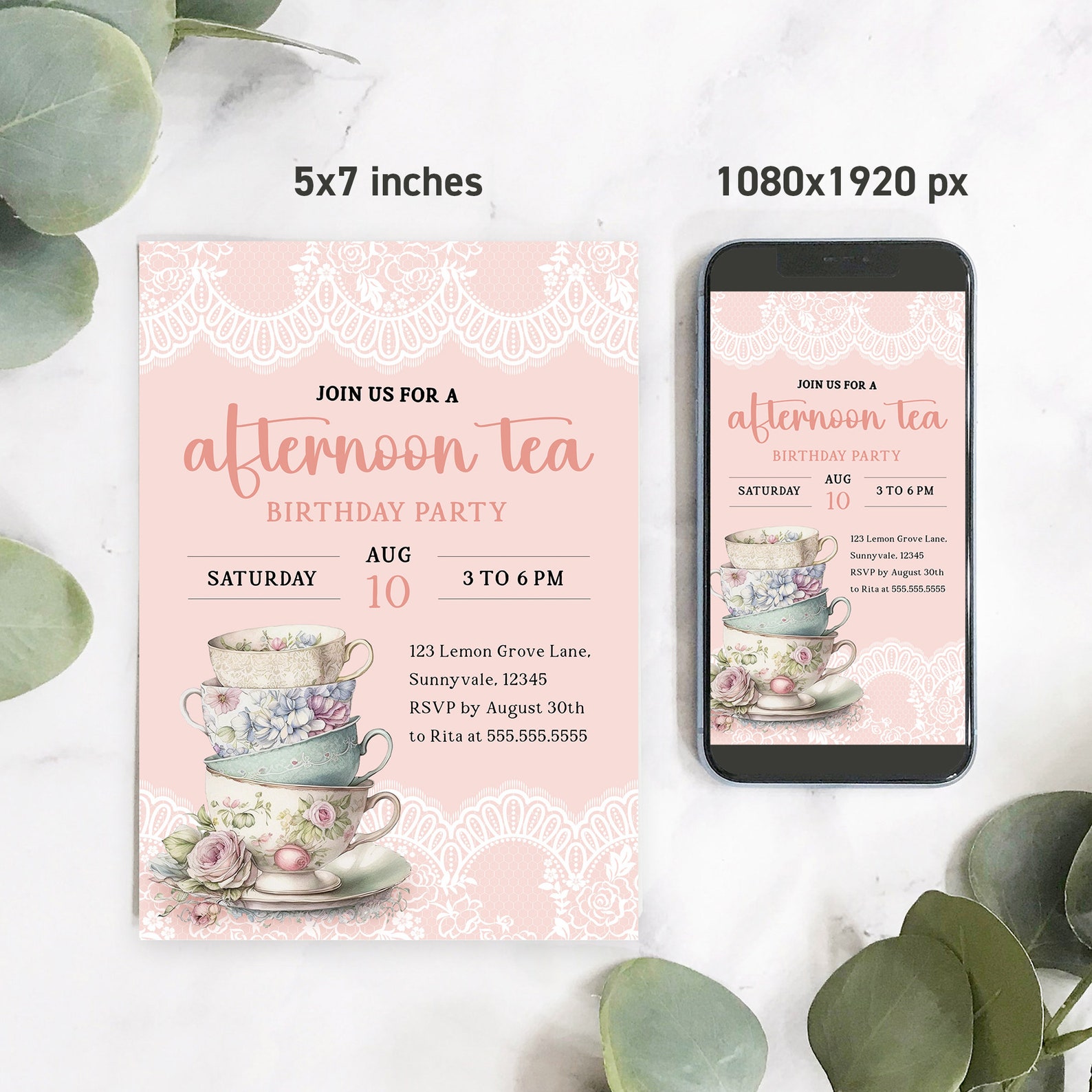 Editable Pink Floral High Tea Party Invitation & Evite, Digital ...