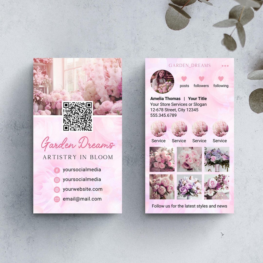 Editable Pink Rose Flower QR Code Instagram Business Card for Beauty ...