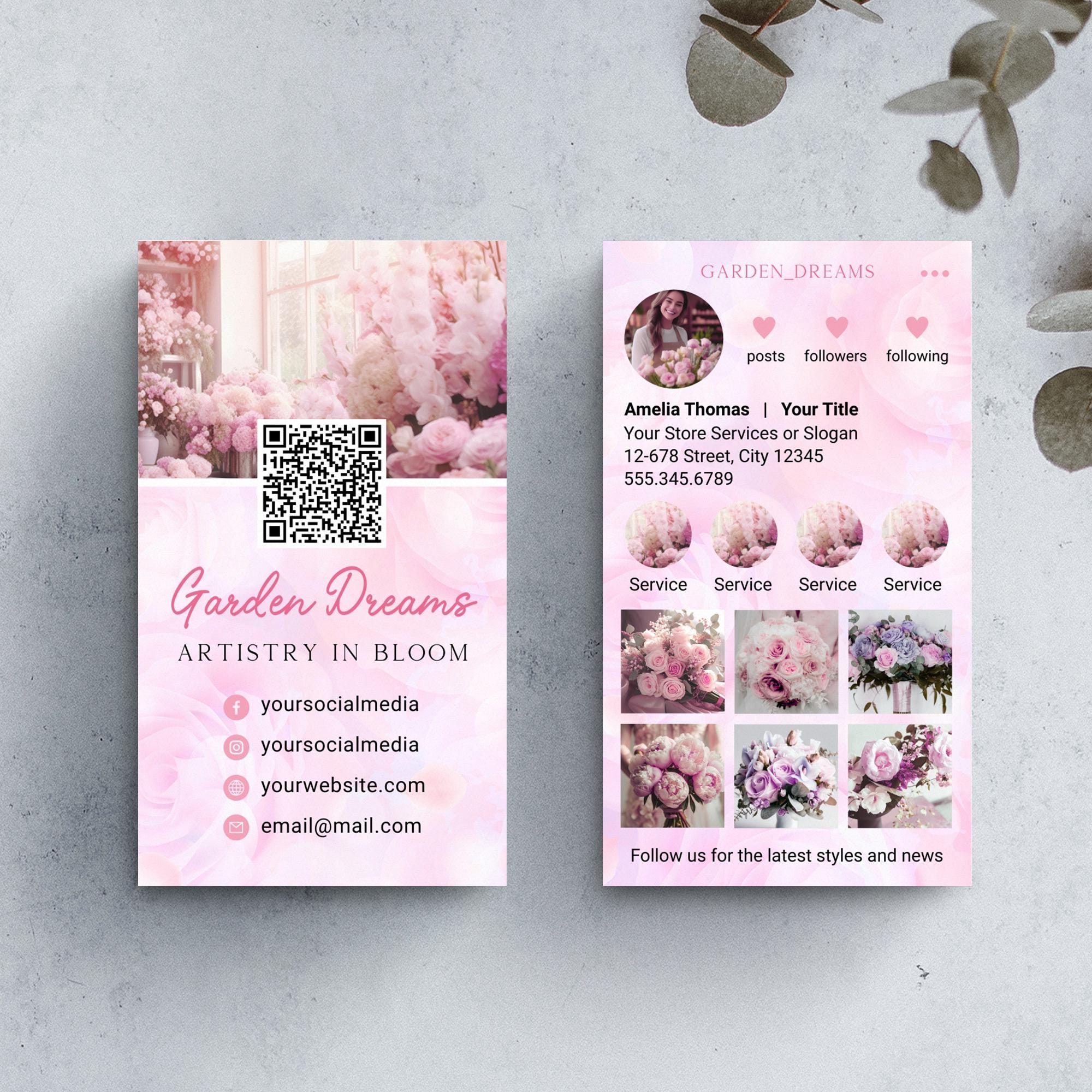 Editable Pink Rose Flower QR Code Instagram Business Card for Beauty ...