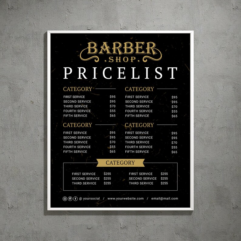 Black Barber Price List Template & Price Menu for Small Business, DIY ...