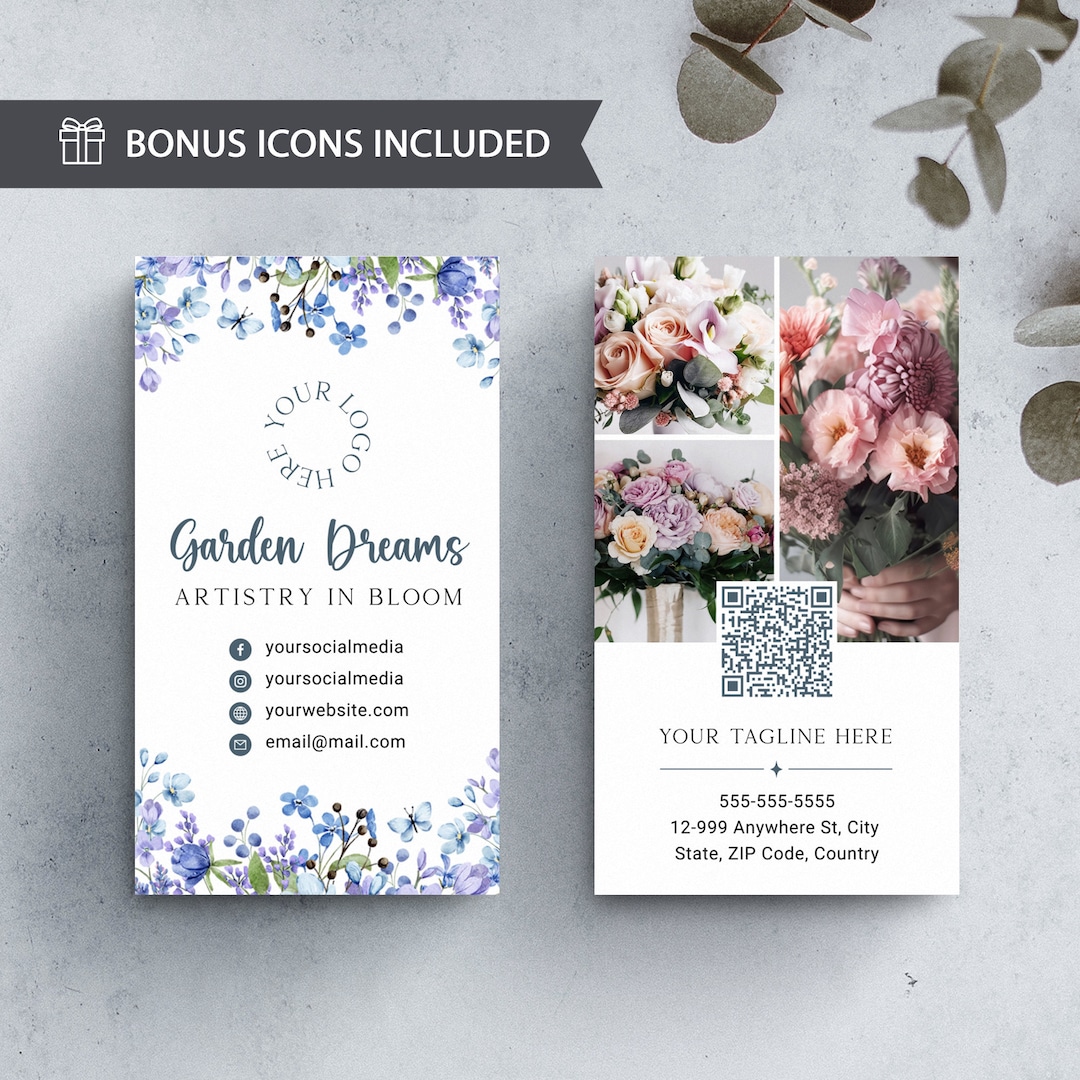 Watercolor Floral Business Card With QR Code for Florist, Modern Flower ...